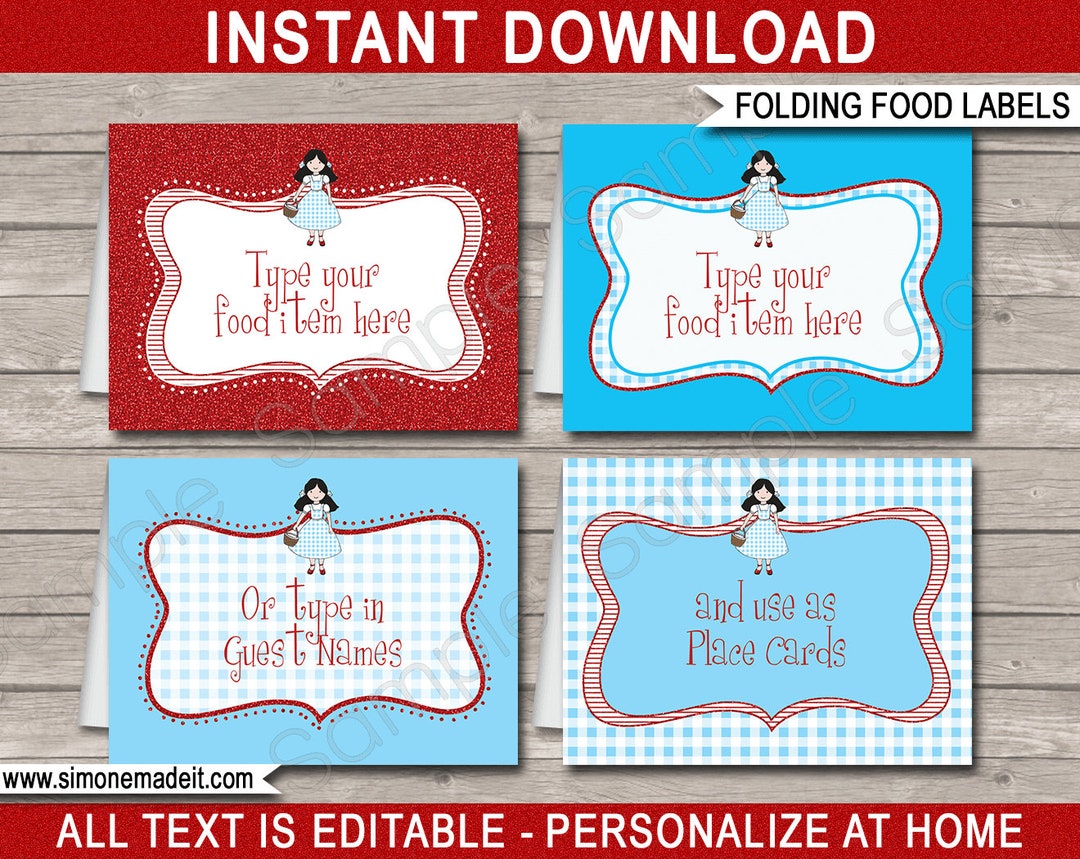 Wizard of Oz Food Labels: Editable Birthday Party Buffet Tags (digital ...