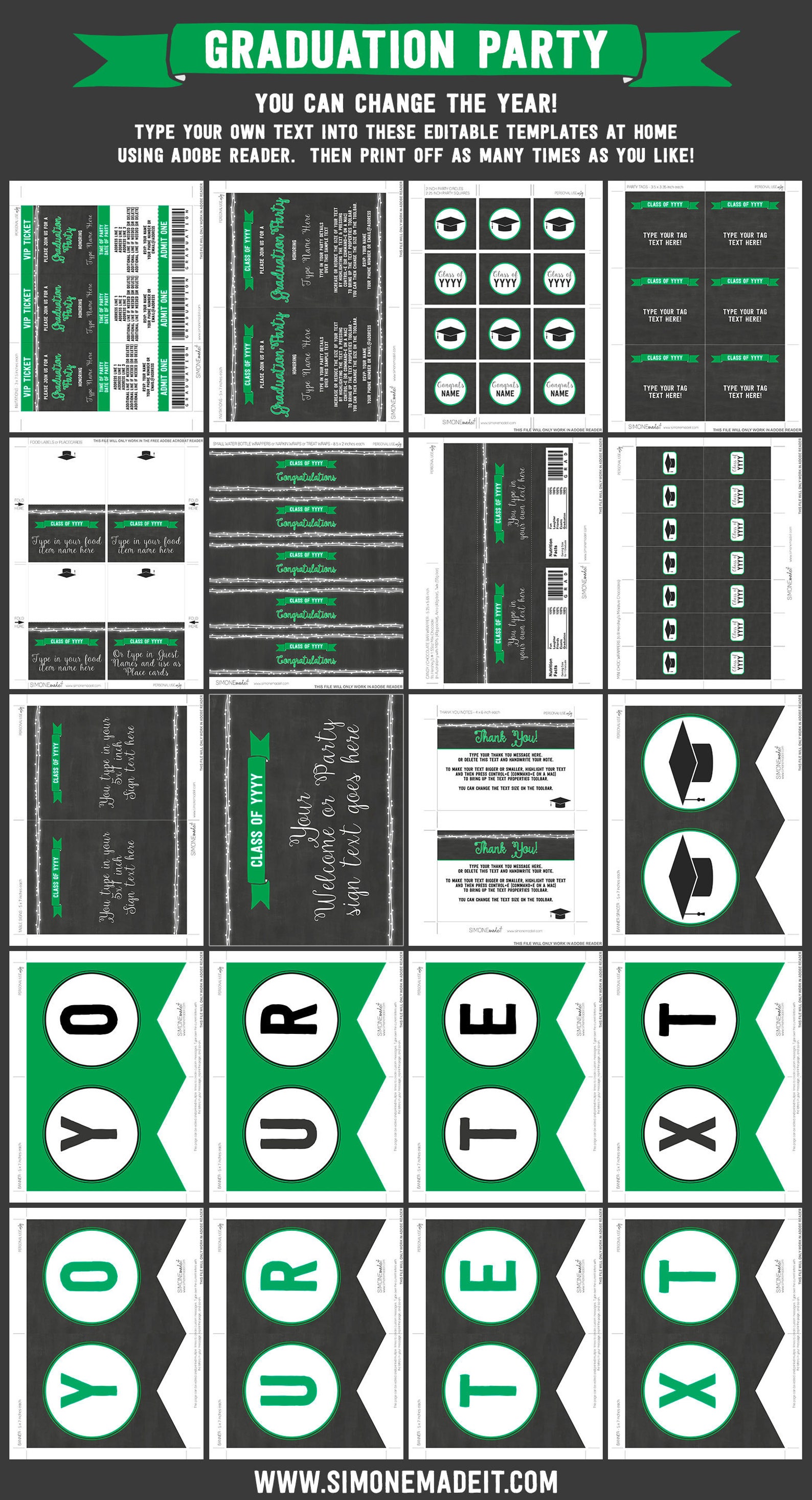 Green Graduation Party Invitations & Decorations Template Bundle - Any ...