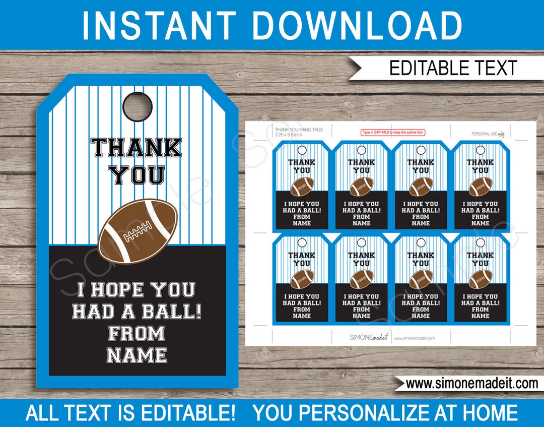 Football Favor Tags Template - Thank You Tags - Team or Birthday Party ...