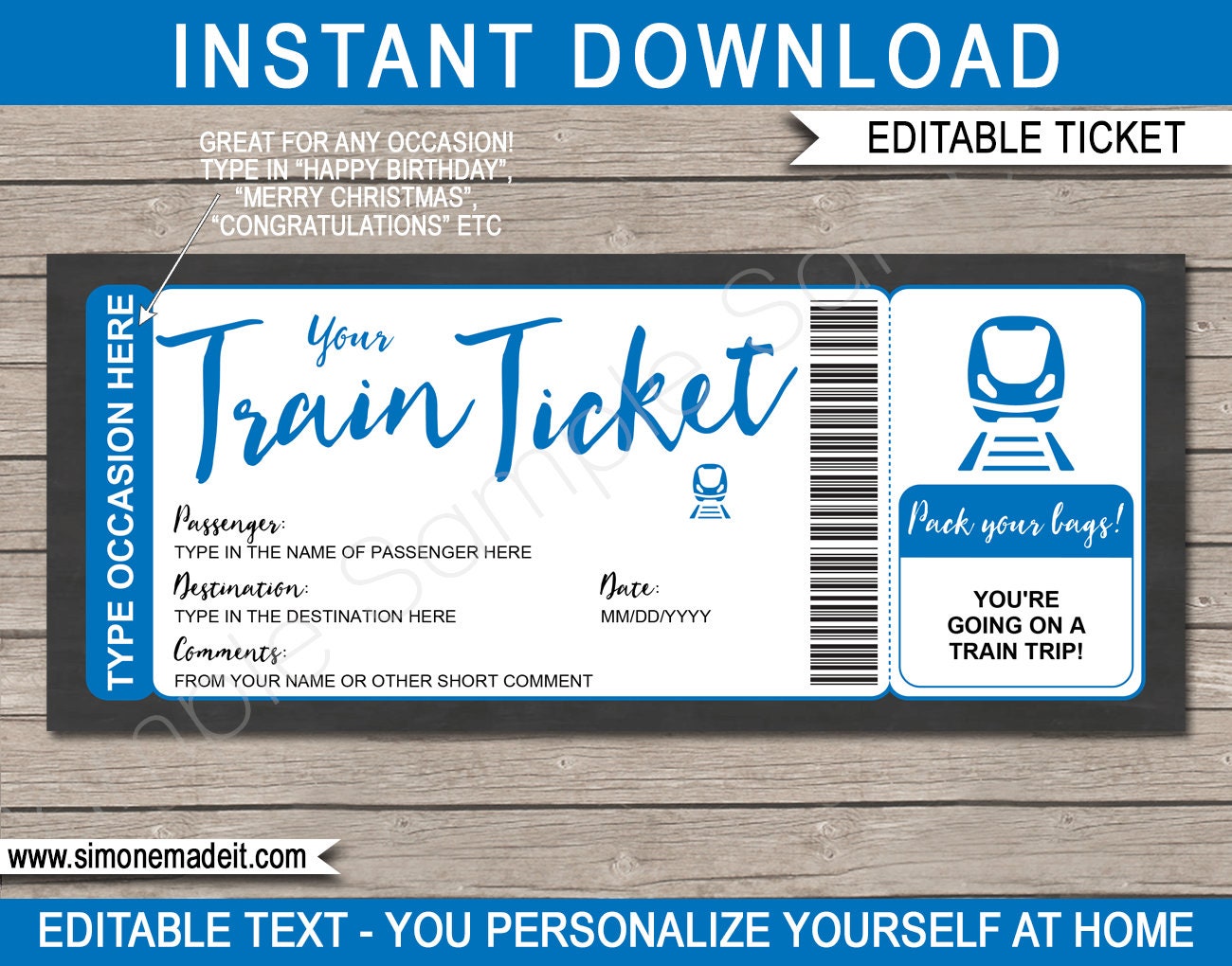 Editable Train Ticket Fake Boarding Pass Gift Printable Template 