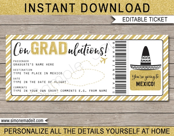 Mexico Boarding Pass Graduation Gift Printable Plane Ticket - Surprise ...