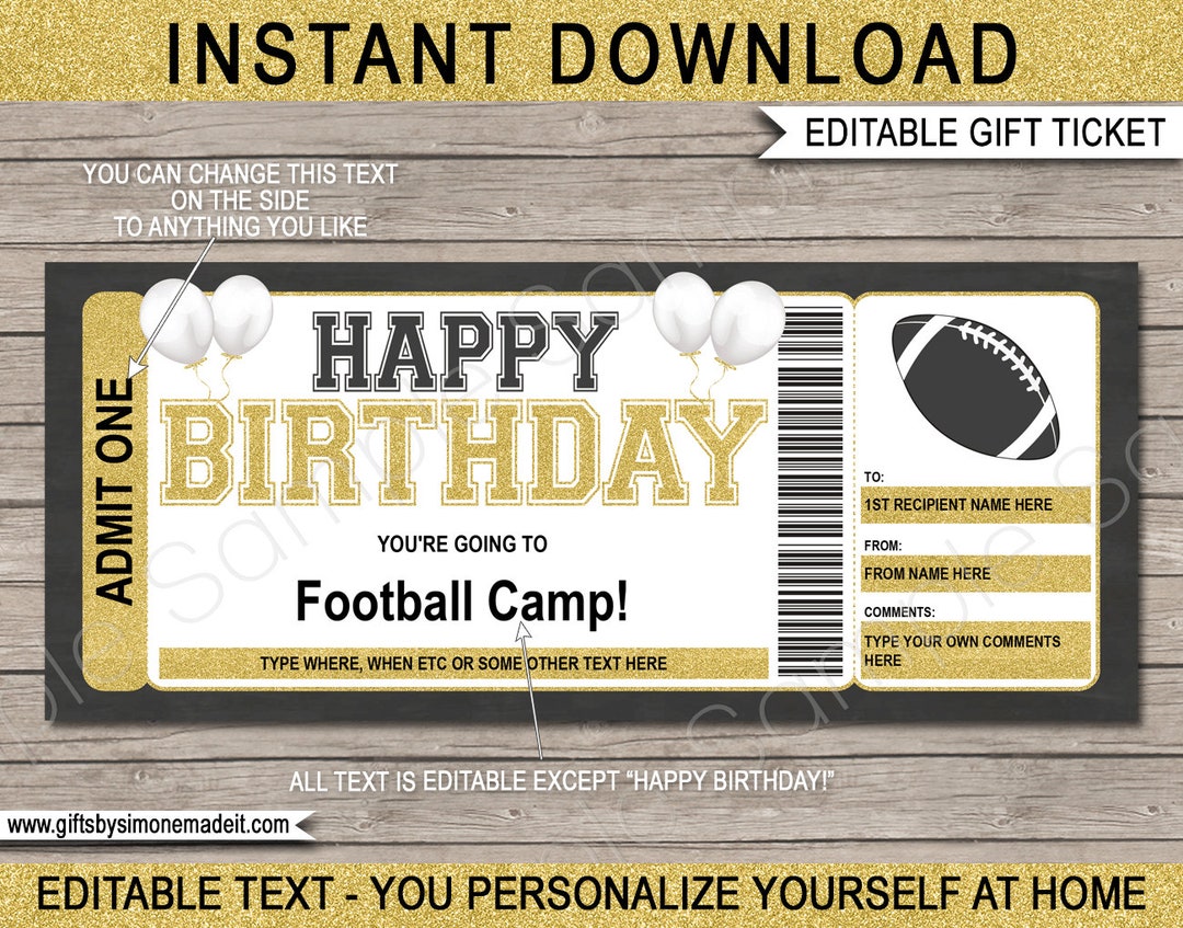 Birthday Football Camp Gift Voucher Ticket Coupon Template Printable ...