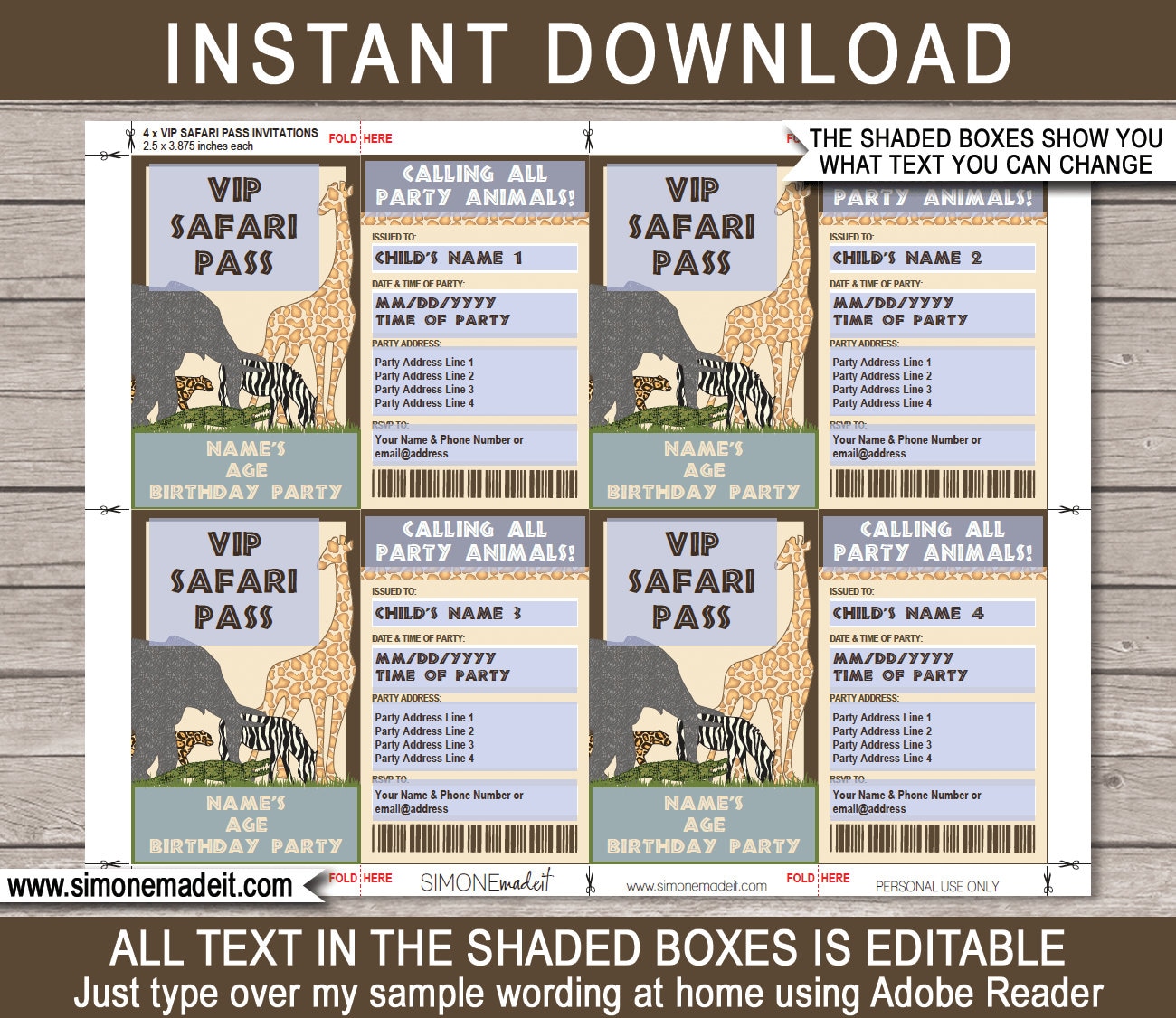 Printable Safari VIP Pass Invitation: Editable Zoo Animal Birthday ...