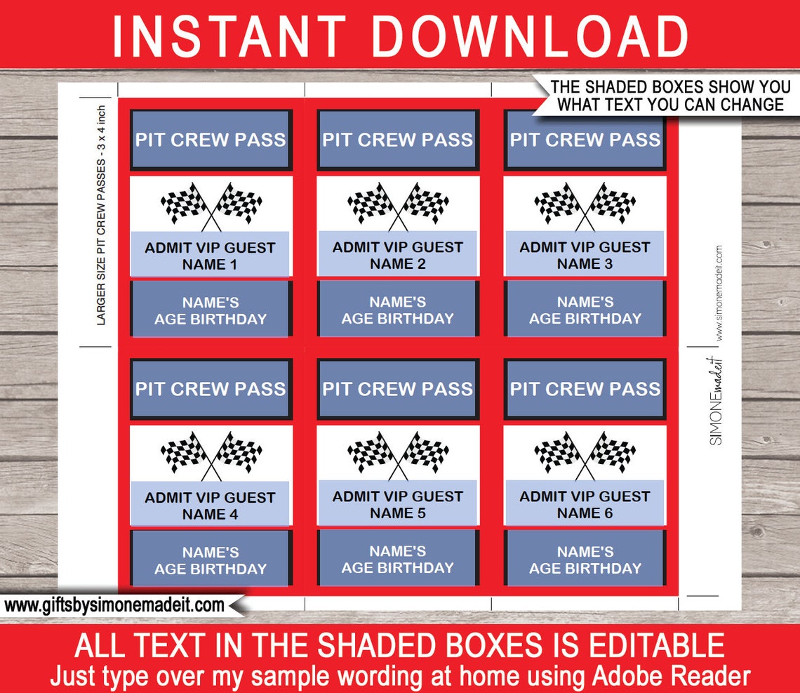 Race Car Party Pit Crew Pass Template: Editable Birthday Favors ...