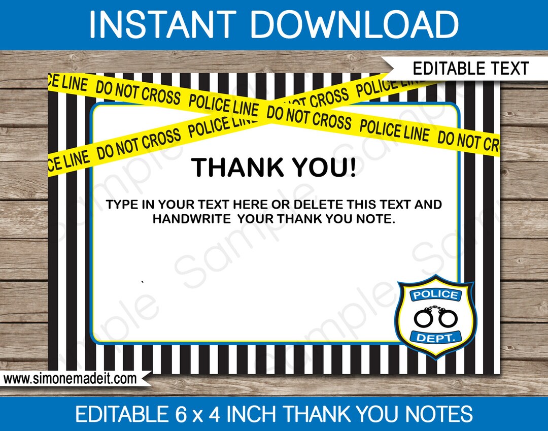 Police Thank You Cards - Printable Birthday Party Favor Note Tags - 4x6 ...
