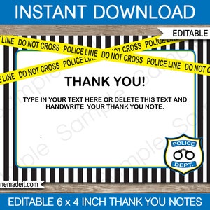 Police Thank You Cards - Printable Birthday Party Favor Note Tags - 4x6 ...