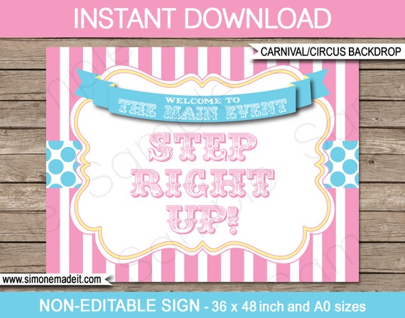 Printable Circus Party Sign Backdrop Template - "Step Right Up", "Come ...