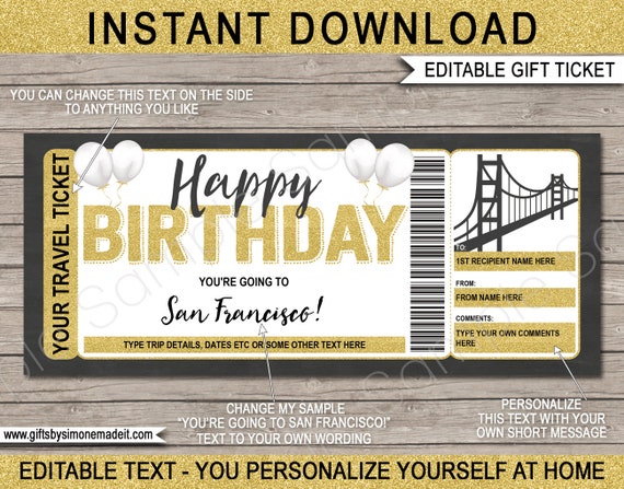 San Francisco Ticket Template Gift Voucher Certificate | Etsy