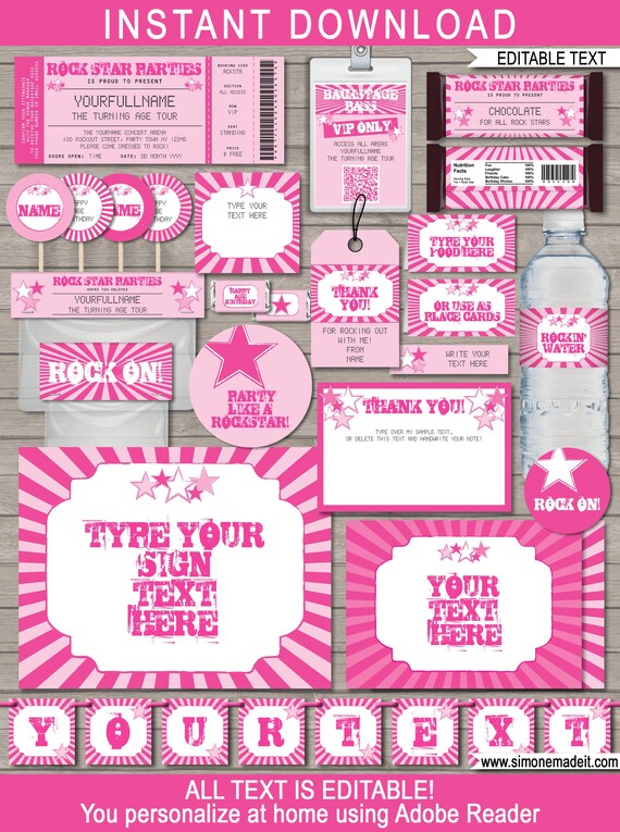 Rock Star Party Decorations & Invitation Printable Template Bundle ...