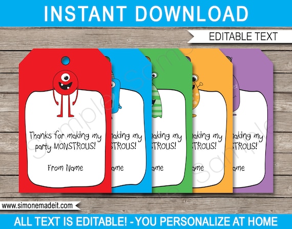 Monster Favor Tags Template Printable Birthday Party Thank - Etsy