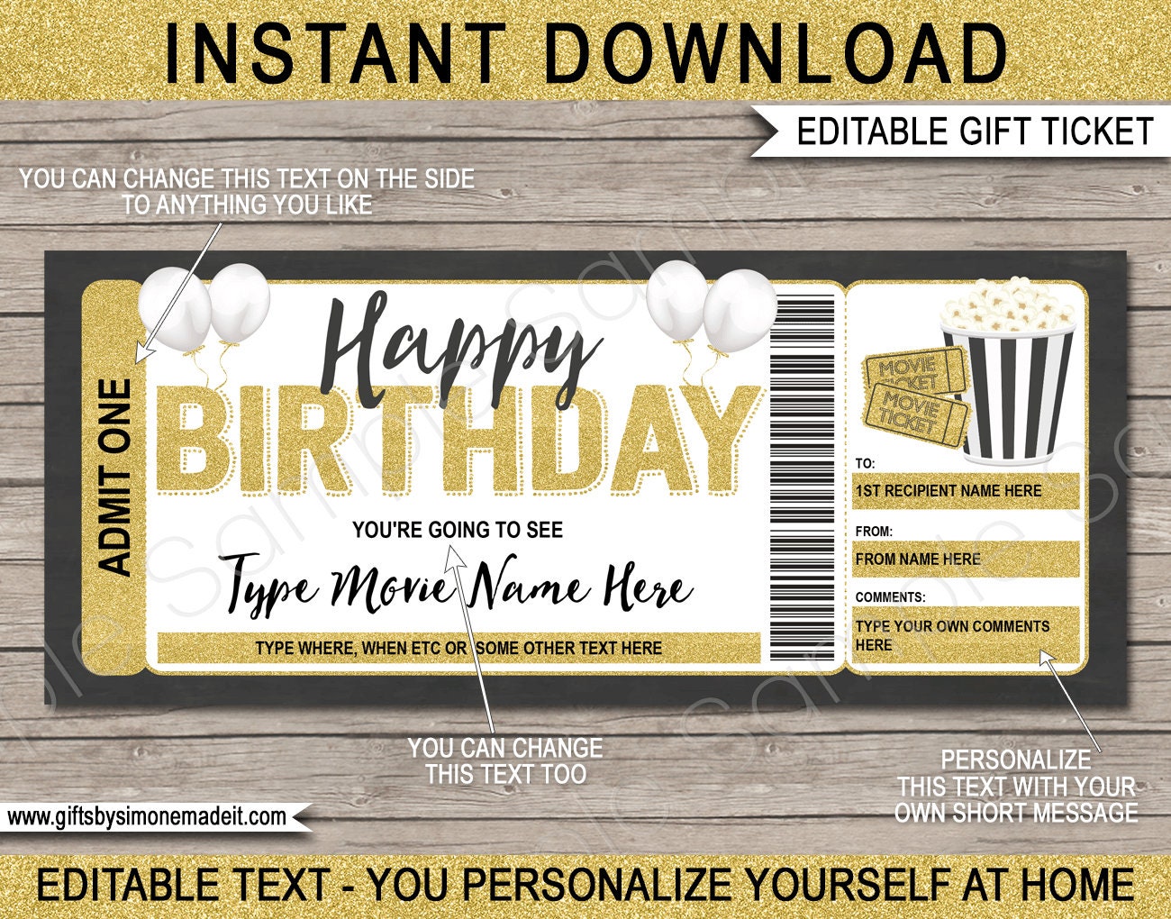 Movie Ticket Template Gift Certificate Voucher Birthday Etsy UK