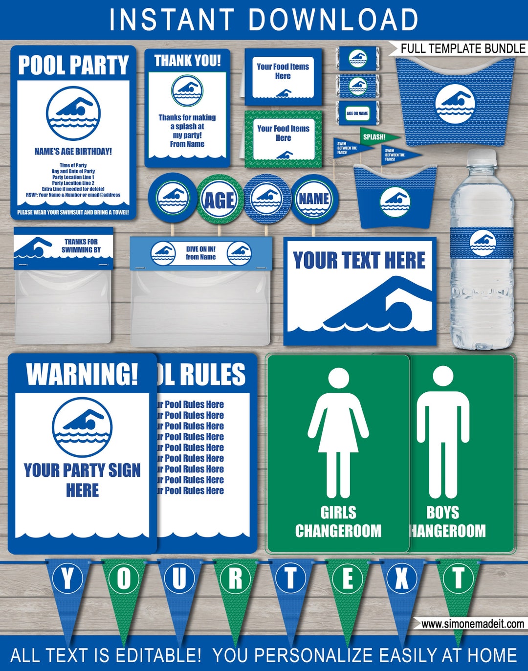 Pool Party Template Bundle With Invitation - Swimming Summer Theme ...