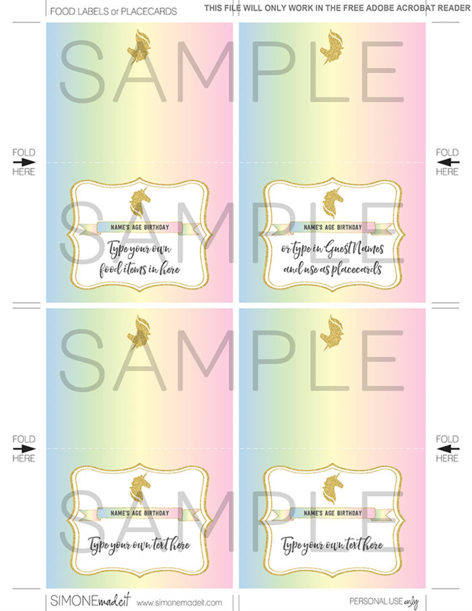 Unicorn Food Labels: Editable Party Place Cards (digital Download) - Etsy