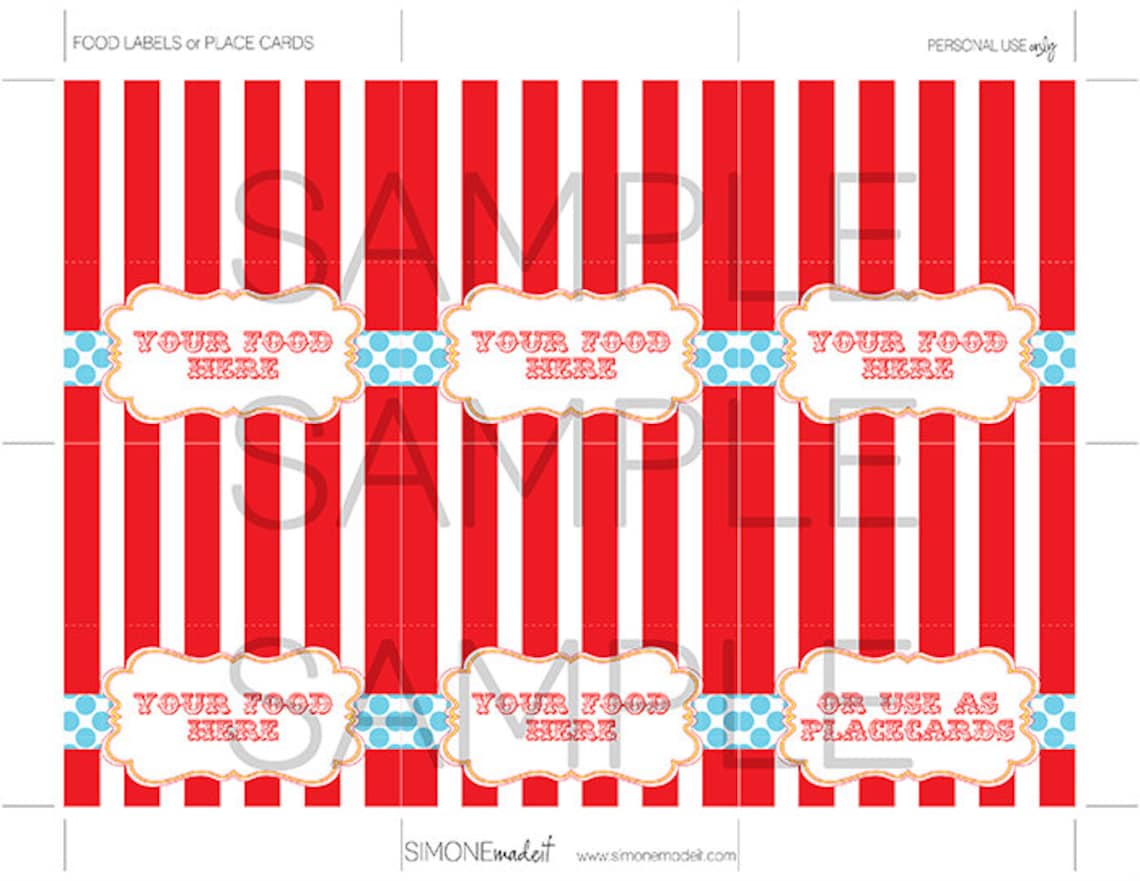 Circus Food Labels Template Printable Carnival Decorations - Etsy