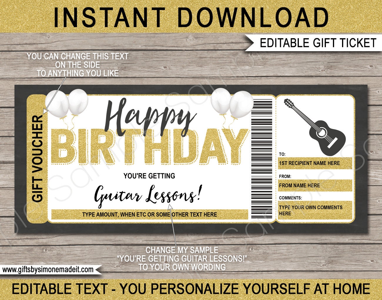 Paper Editable Ticket Voucher Learn to Play Printable Birthday Gift ...