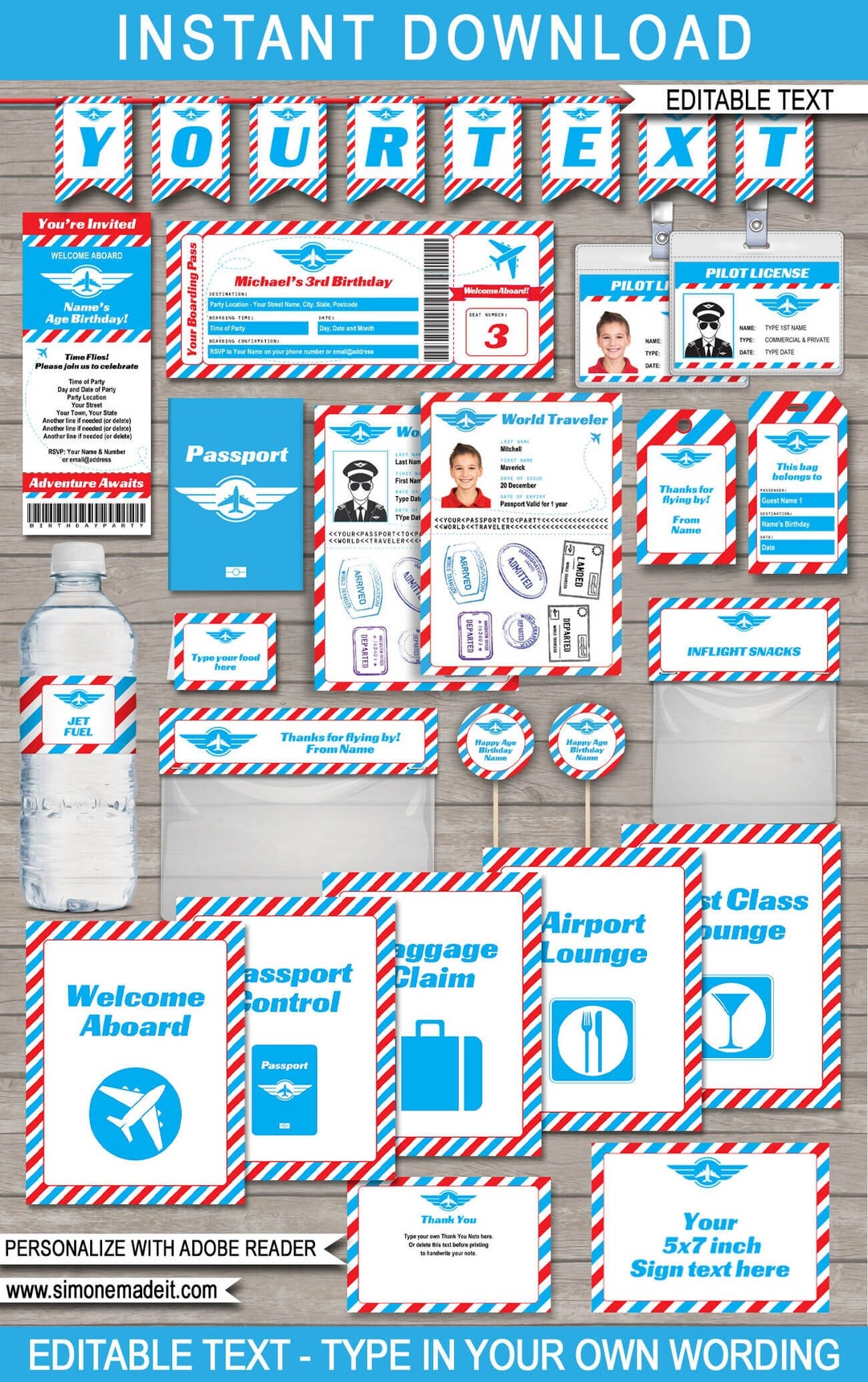 Airplane Birthday Party Decorations: Editable Boarding Pass, Passport ...