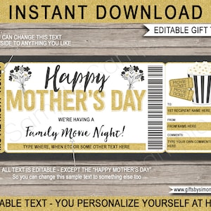 Mothers Day Family Movie Night Coupon Ticket Template - Printable Gift ...
