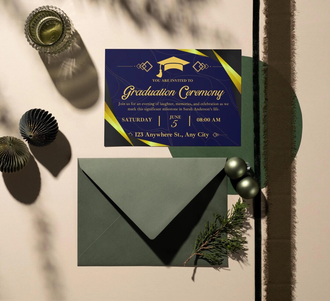 Modern Blue Gold Graduation Invite, Elegant Senior Class Party ...