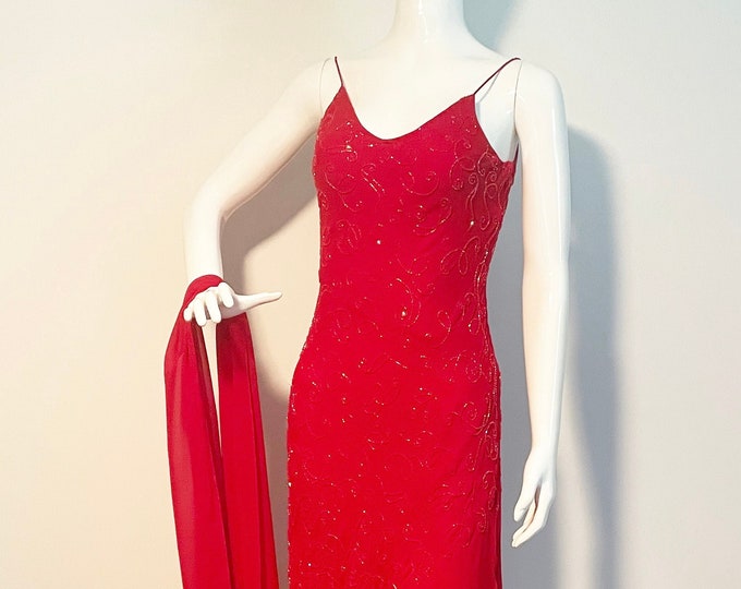 Bright Red Silk Gown, Beaded Red Dress, Silk Handkerchief Hem Gown ...