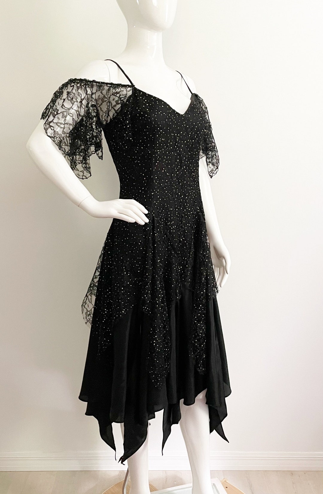 Vintage 80s Party Dress Lace Overlay Black Handkerchief Hem High