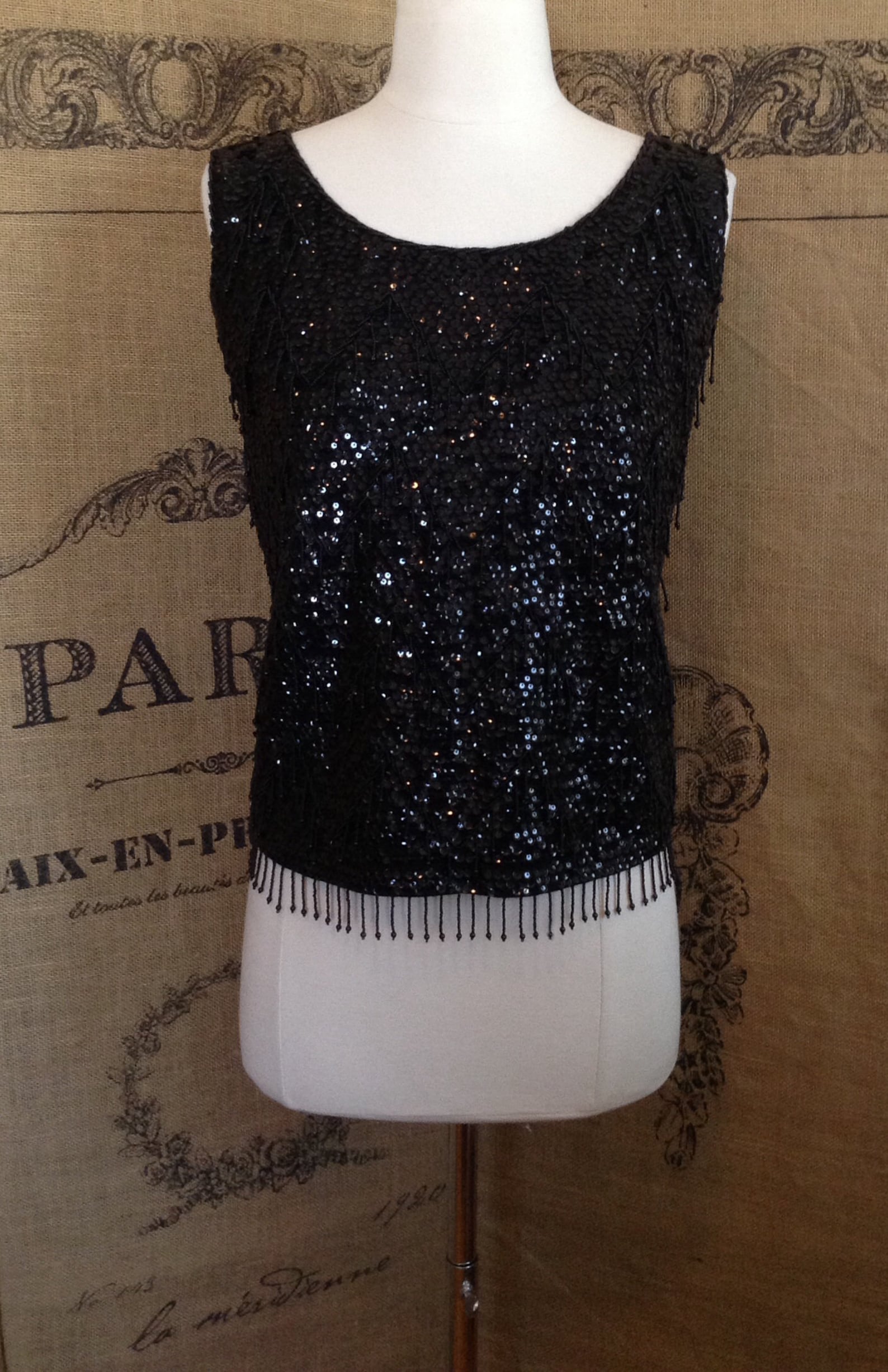 Vintage Black Beaded Top 1960's Fringed Top Sequin - Etsy