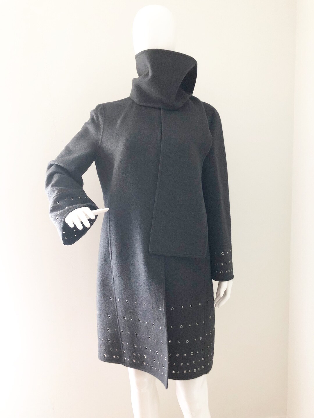 Vintage Wool Coat, Coat With Rivets, Charcoal Gray Coat, Coat With ...