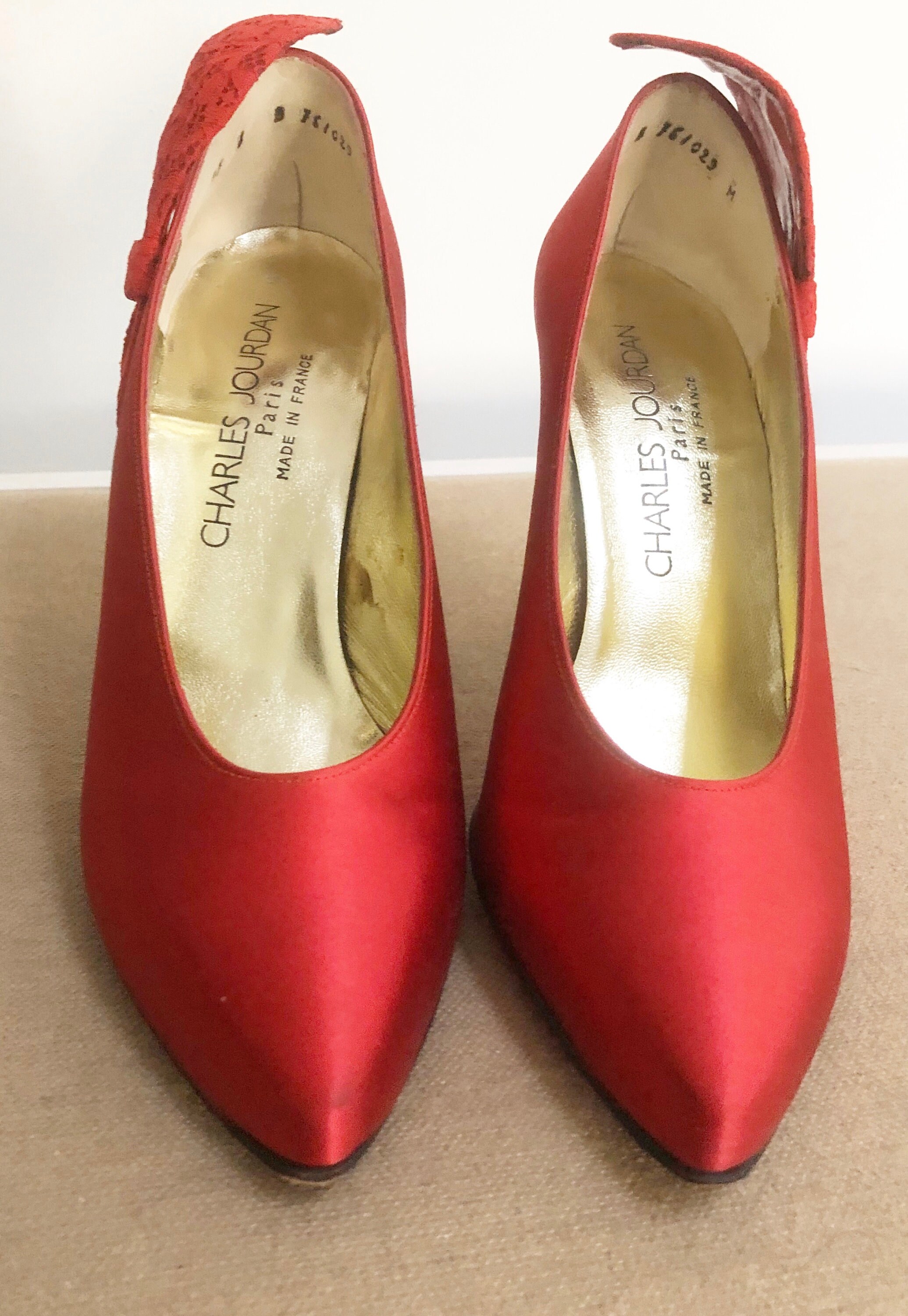 Vintage Charles Jordan Pumps, Lace Shoes, Red Satin Shoes, French Shoes ...