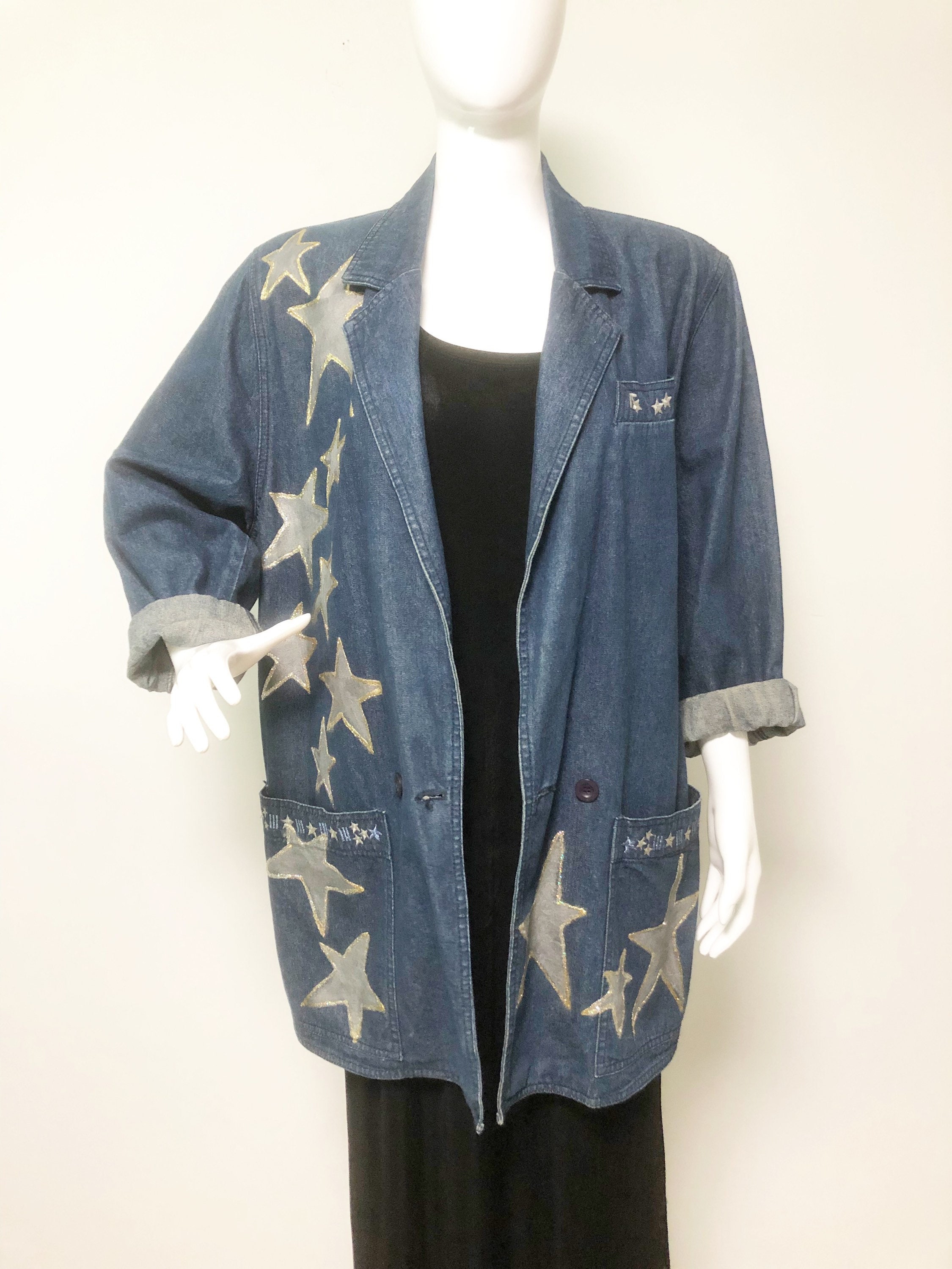 Vintage Handpainted Denim Jacket Stars and Moon Painted Jean - Etsy
