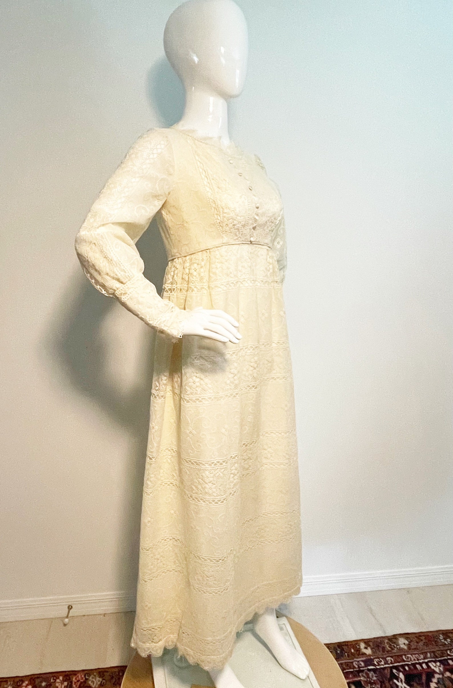 Vintage Emma Domb Lace Overlay Dress, Pearl Embellished Gown, 70's Boho ...