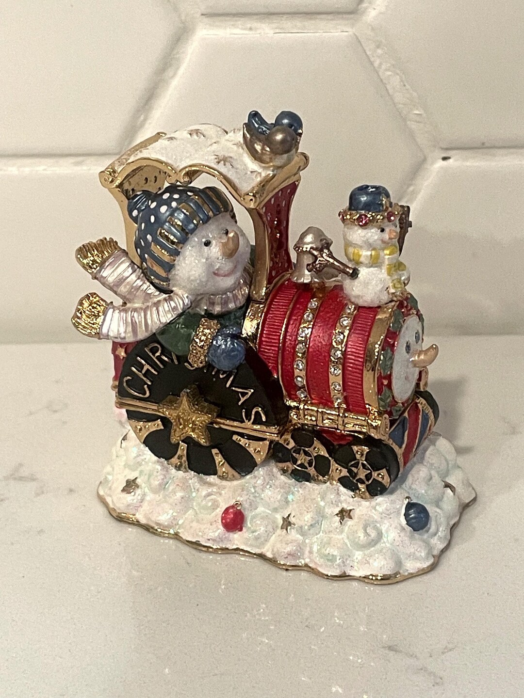 Vintage Nobility Jeweled Trinket Box, Train and Snowman Trinket Box ...