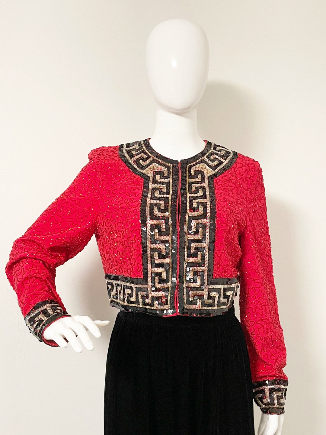 Vintage Red and Black Beaded Jacket, Lillie Rubin, Greek Key, Silk ...