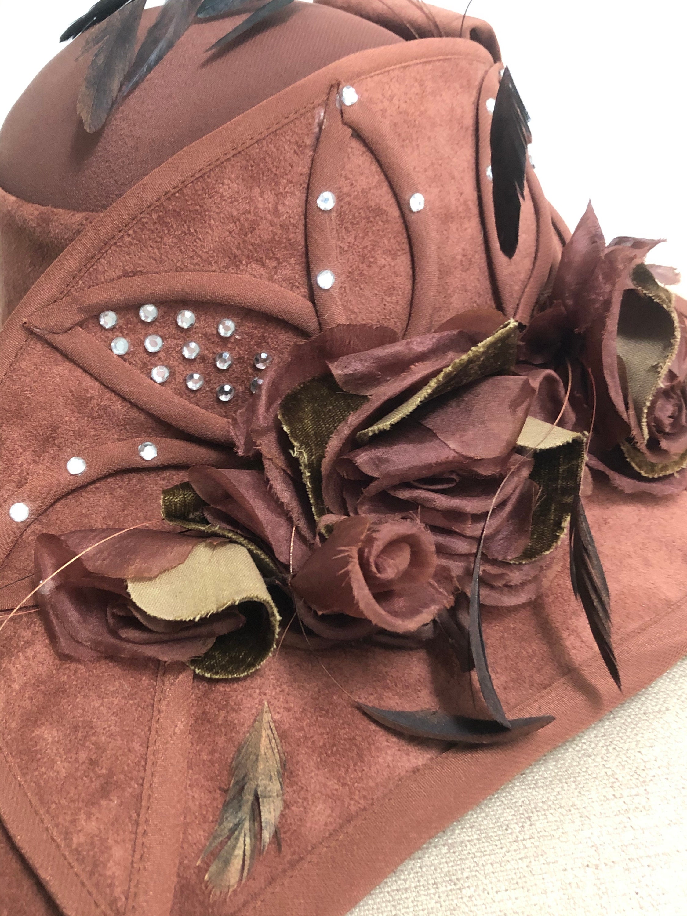 Vintage Brown Suede Hat, Ms Divine, Roses, Feathers and Rhinestones Hat ...