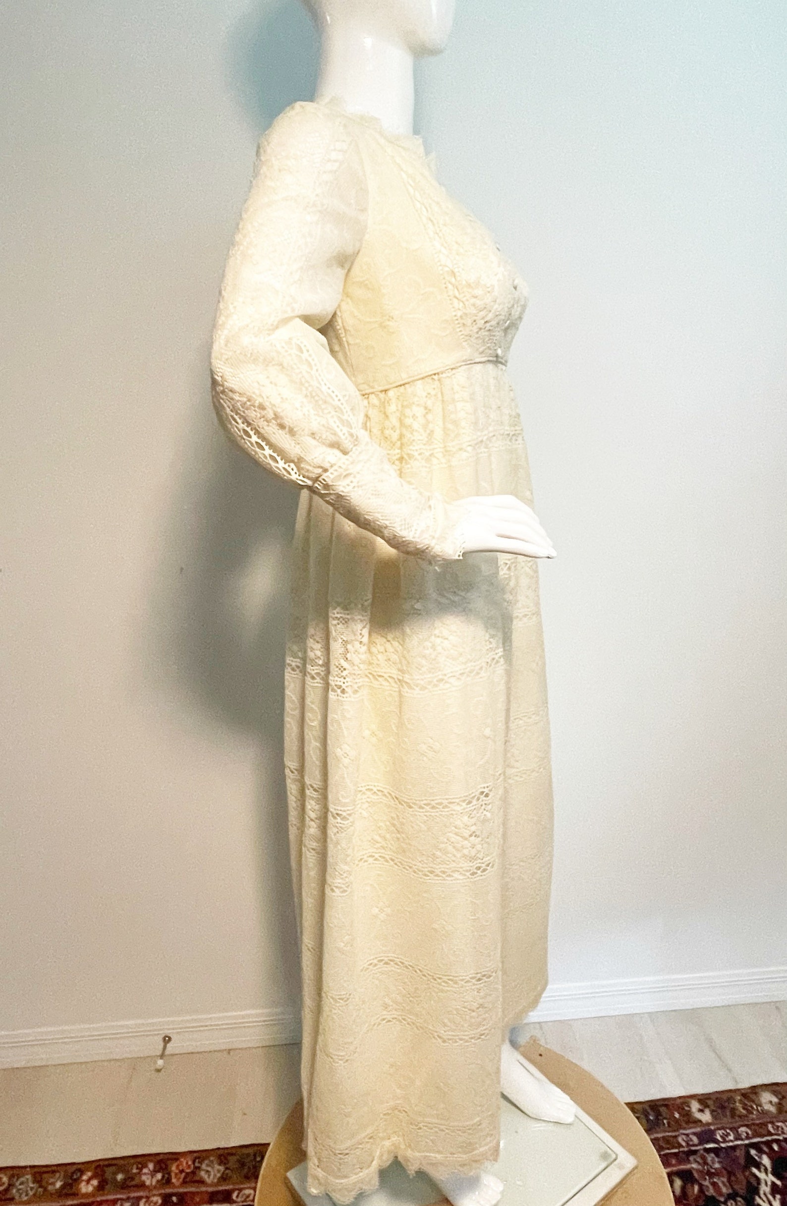 Vintage Emma Domb Lace Overlay Dress, Pearl Embellished Gown, 70's Boho ...