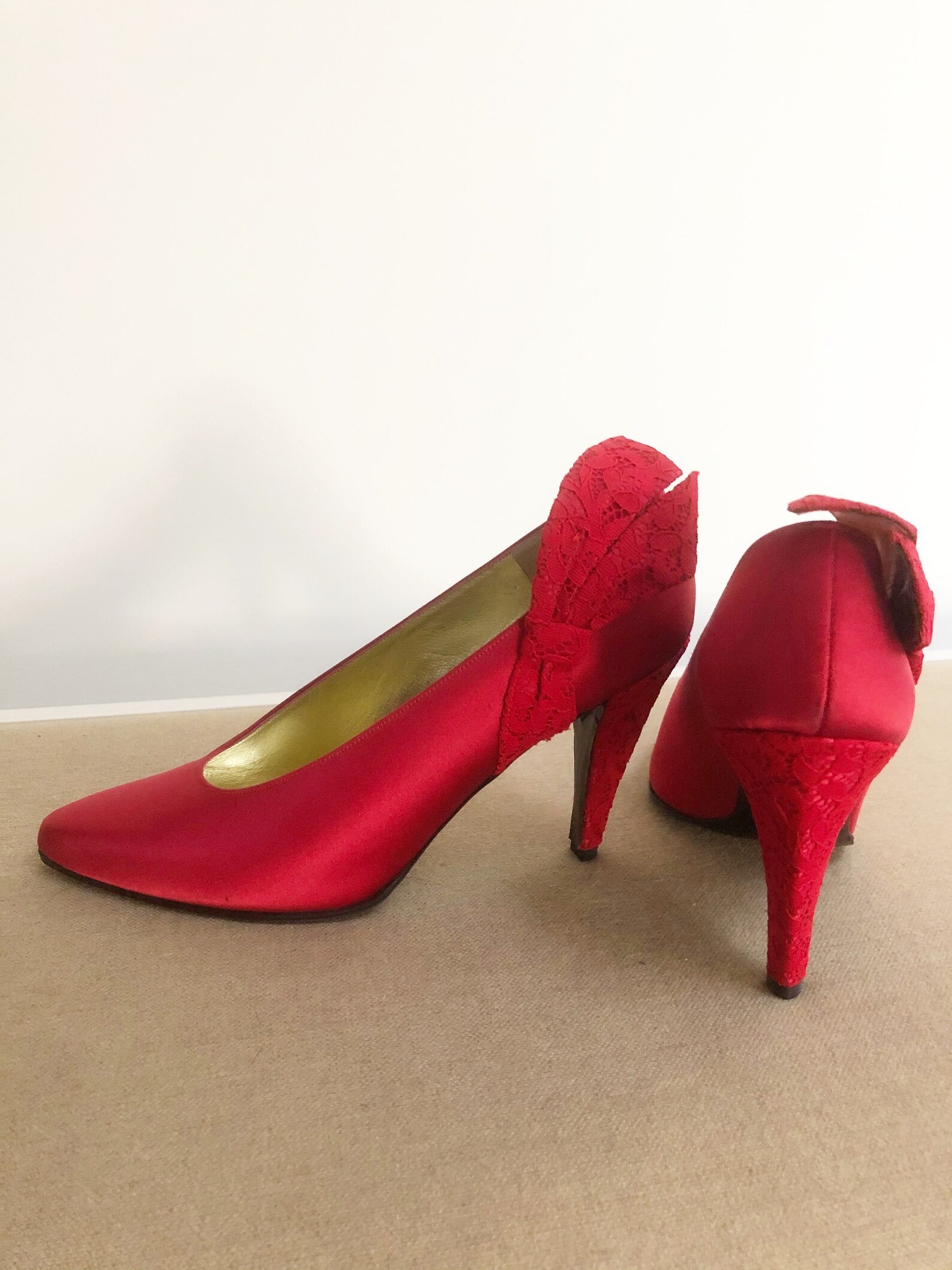 Vintage Charles Jordan Pumps, Lace Shoes, Red Satin Shoes, French Shoes ...