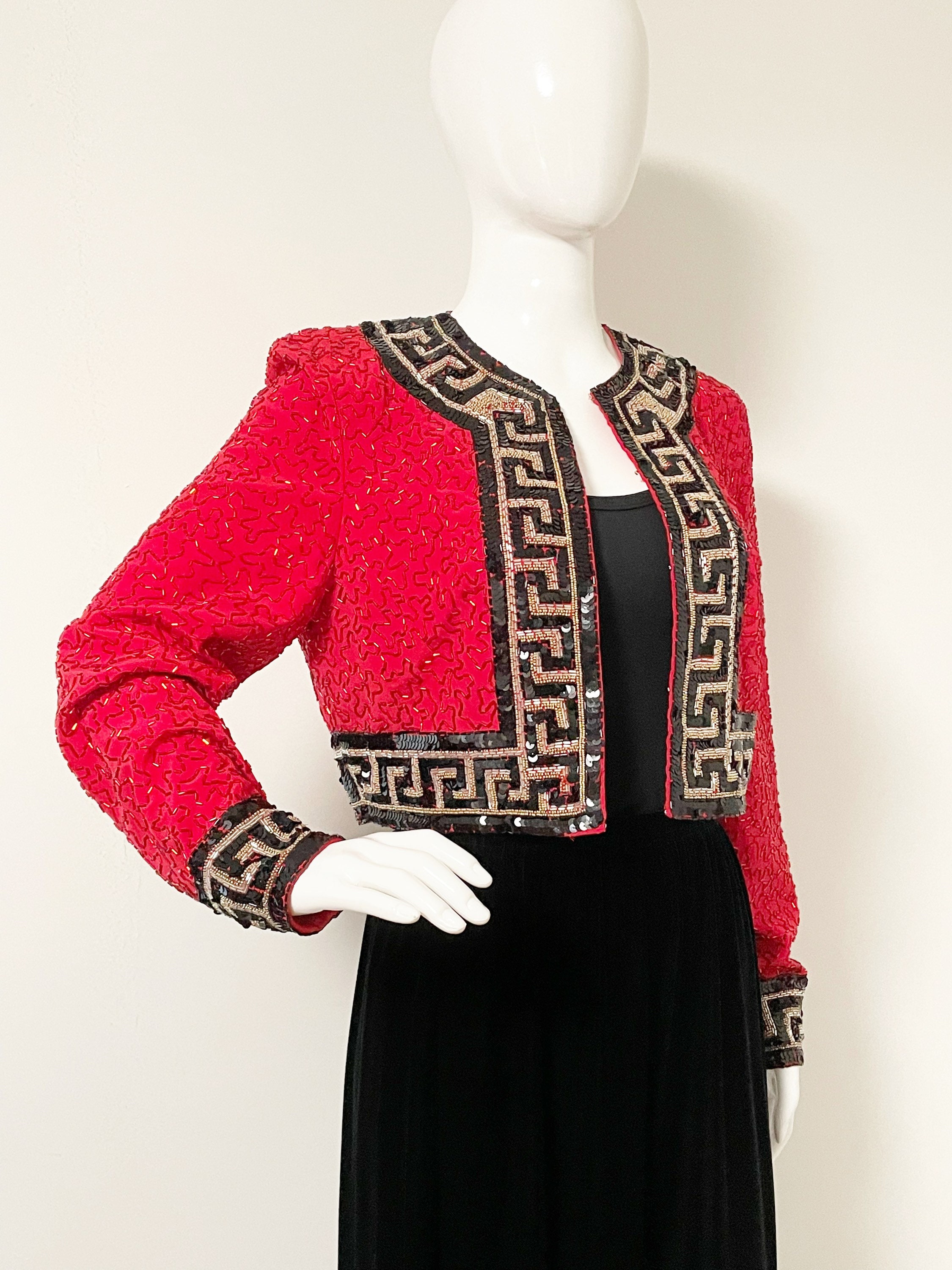 Vintage Red and Black Beaded Jacket, Lillie Rubin, Greek Key, Silk ...