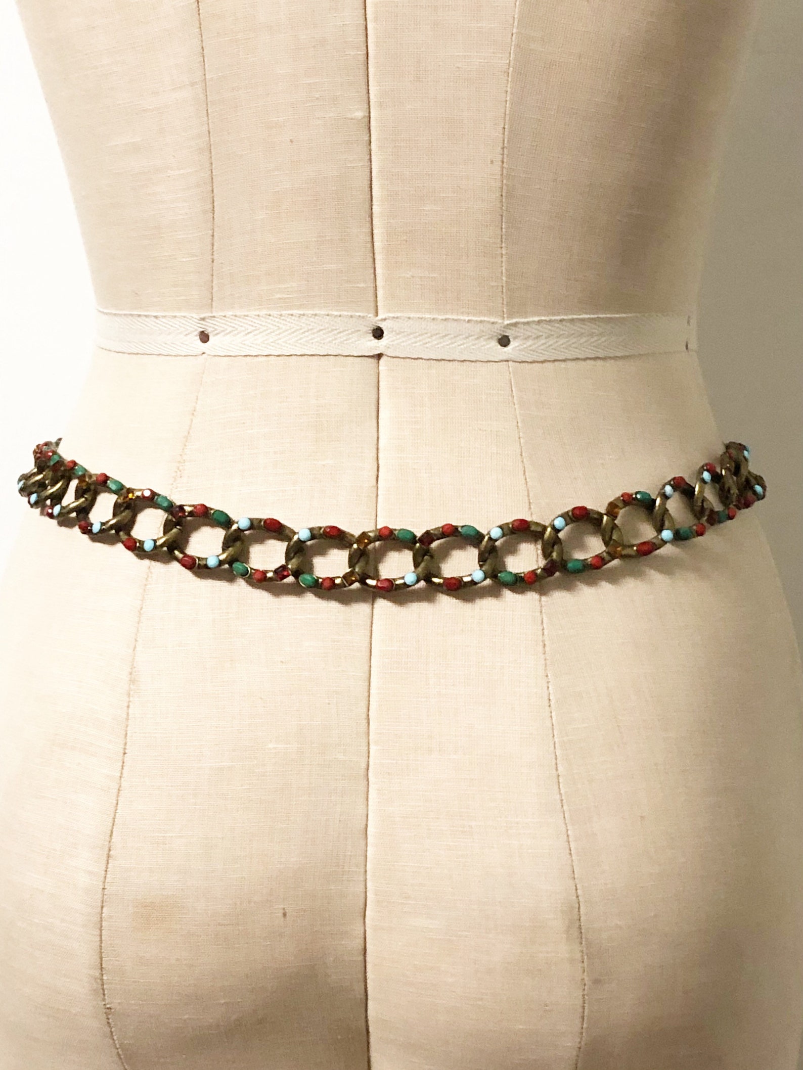 Vintage Antiqued Gold Tone Jeweled Chain Belt, Adjustable Belt ...