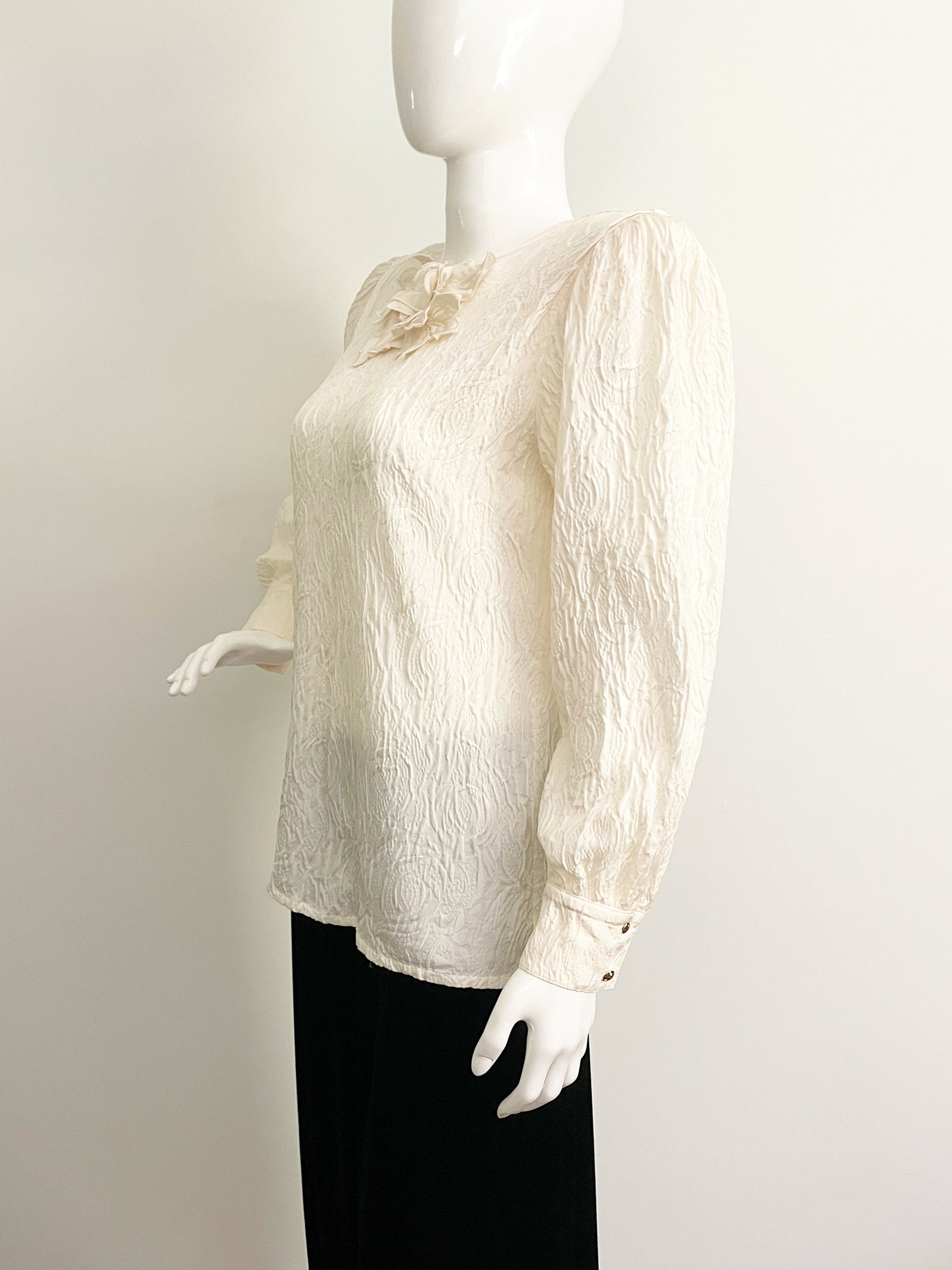 Vintage Escada Silk Textured Blouse, Appliqued Top, Long Sleeve Silk ...