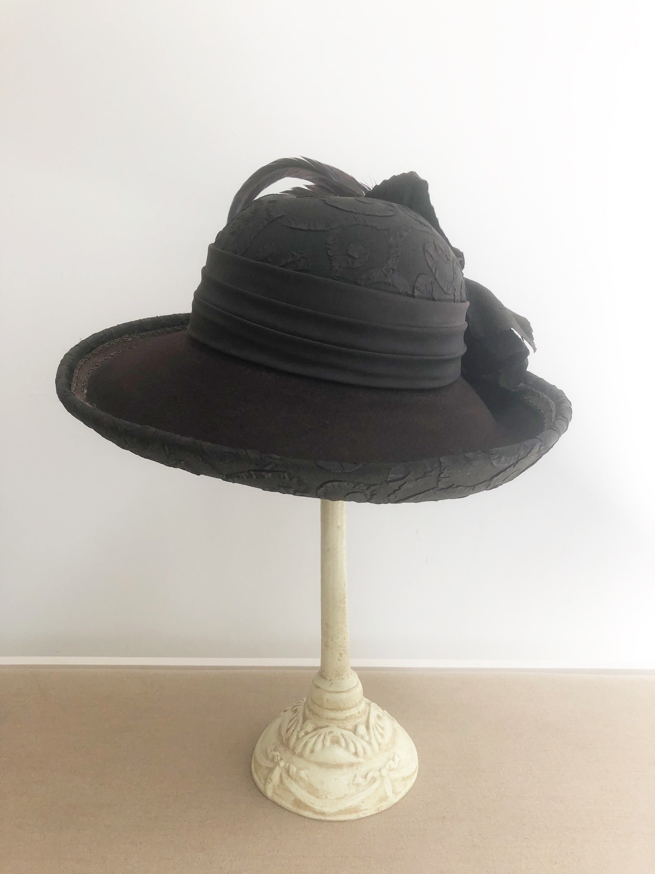 Vintage Chocolate Brown Hat, Wool Hat With Feathers, Decorated Hat ...