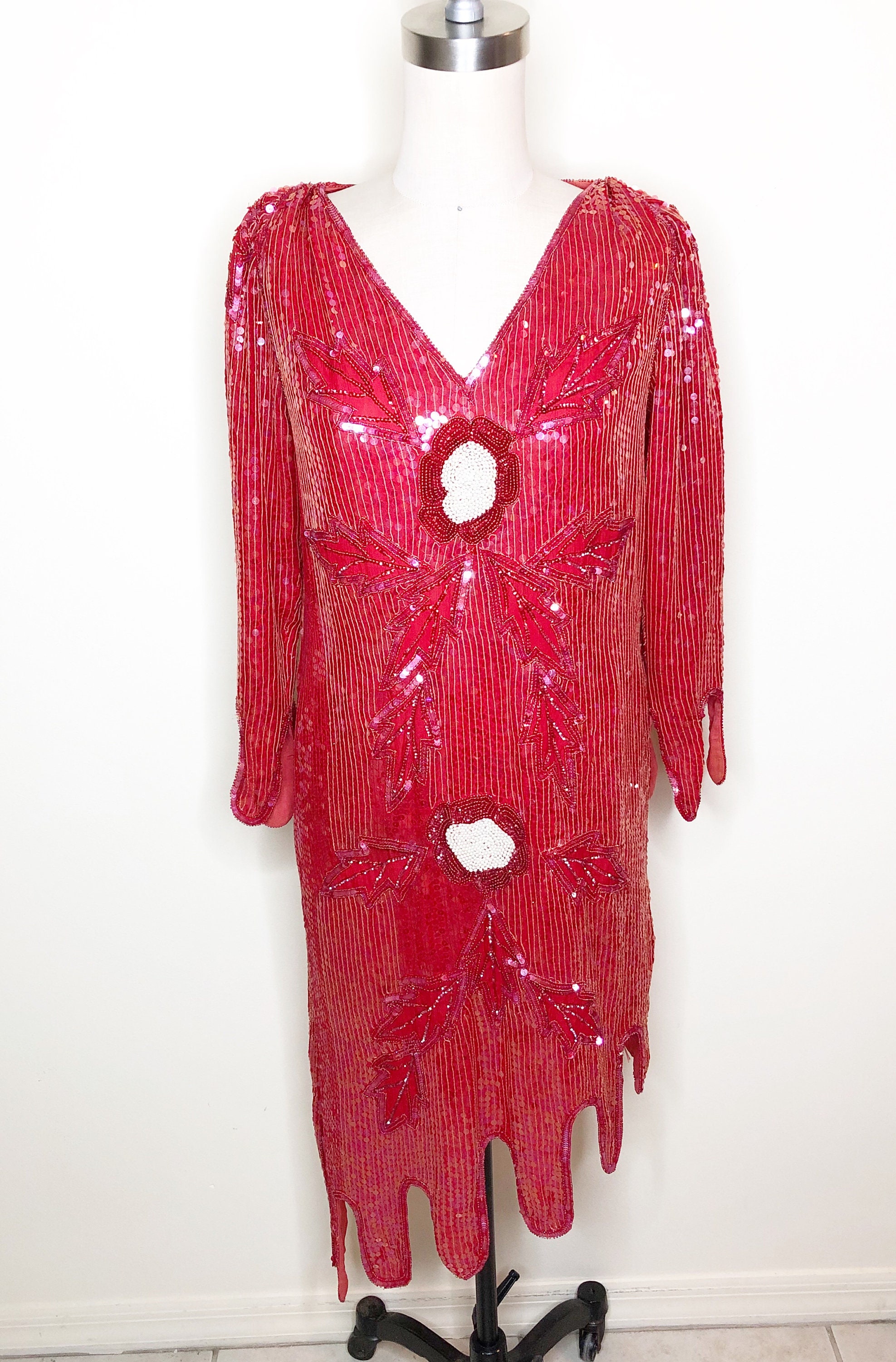 Vintage Red Beaded Dress Sequin Red Dress Asymmetrical - Etsy