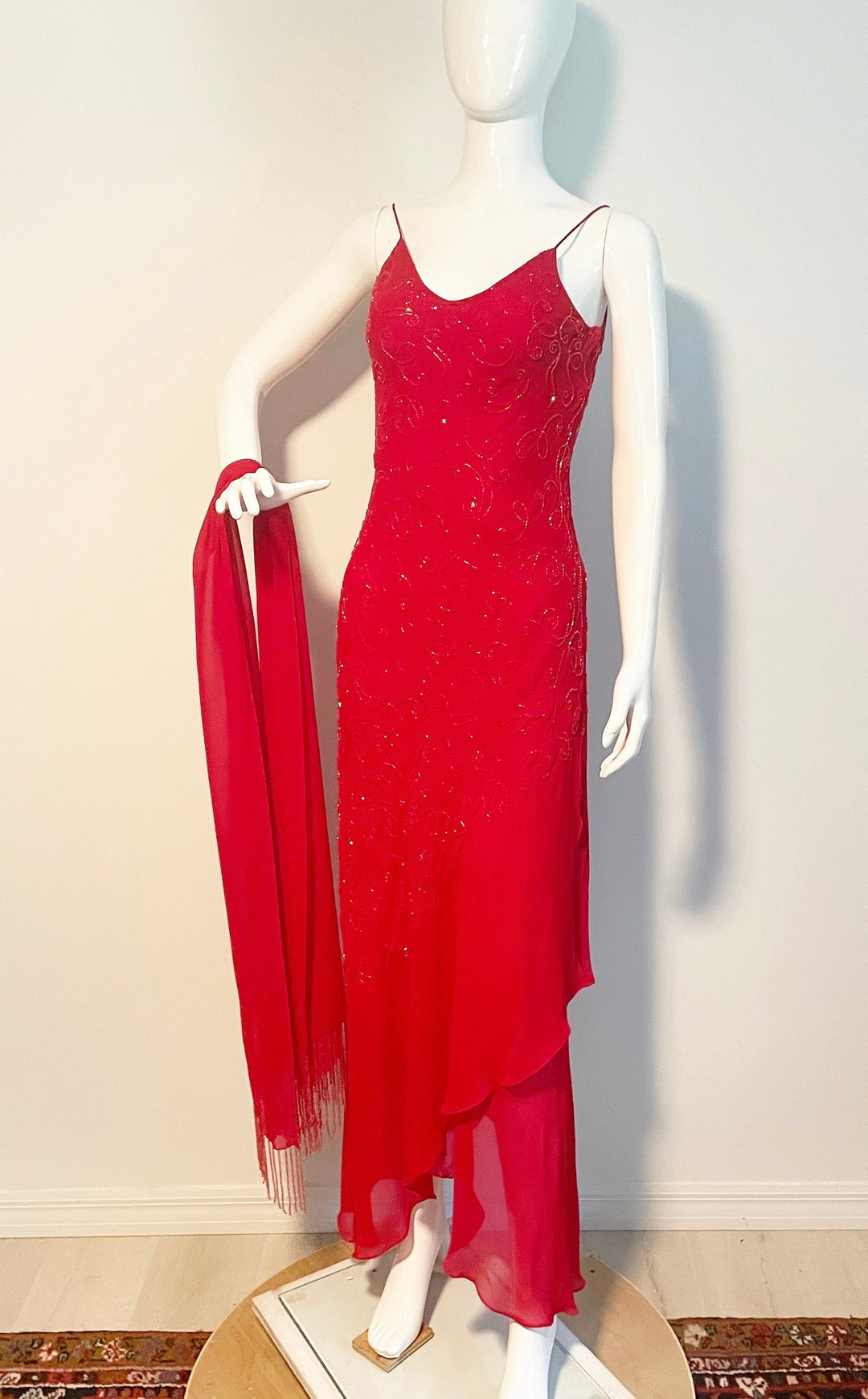 Bright Red Silk Gown, Beaded Red Dress, Silk Handkerchief Hem Gown ...