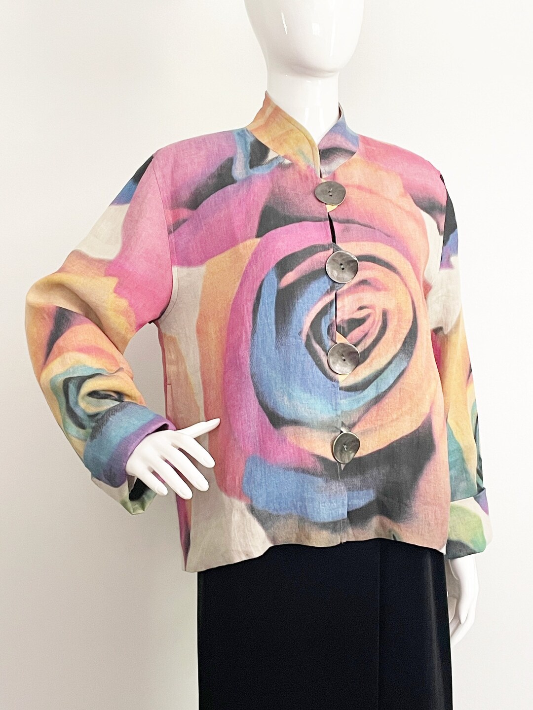 Caroline Rose Linen Watercolor Floral Jacket, Lined Linen Jacket ...