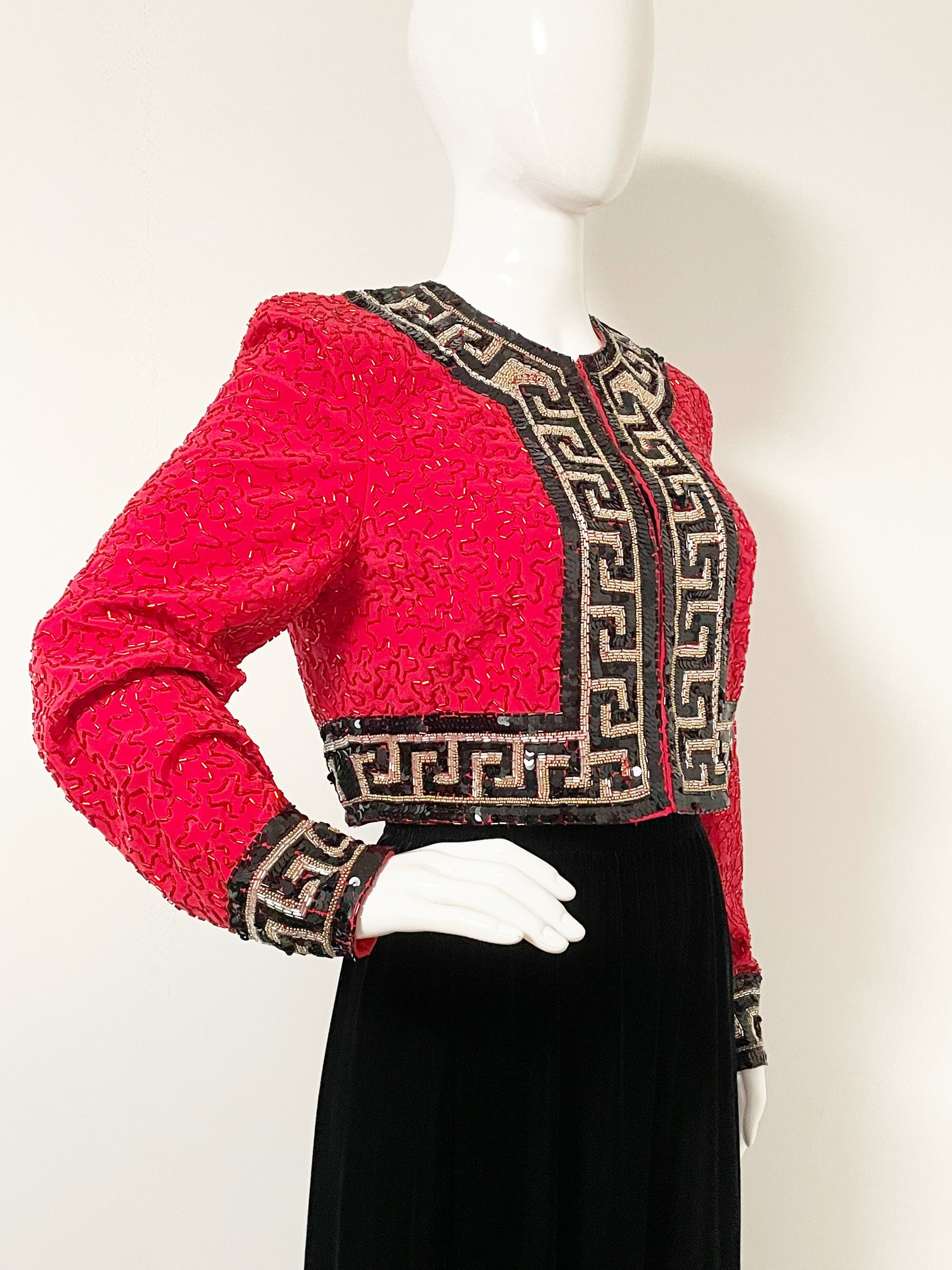 Vintage Red and Black Beaded Jacket, Lillie Rubin, Greek Key, Silk ...