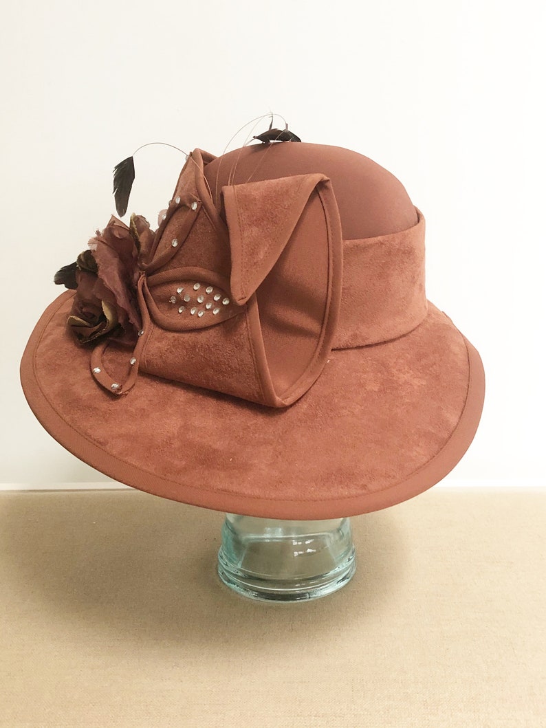 Vintage Brown Suede Hat, Ms Divine, Roses, Feathers and Rhinestones Hat ...