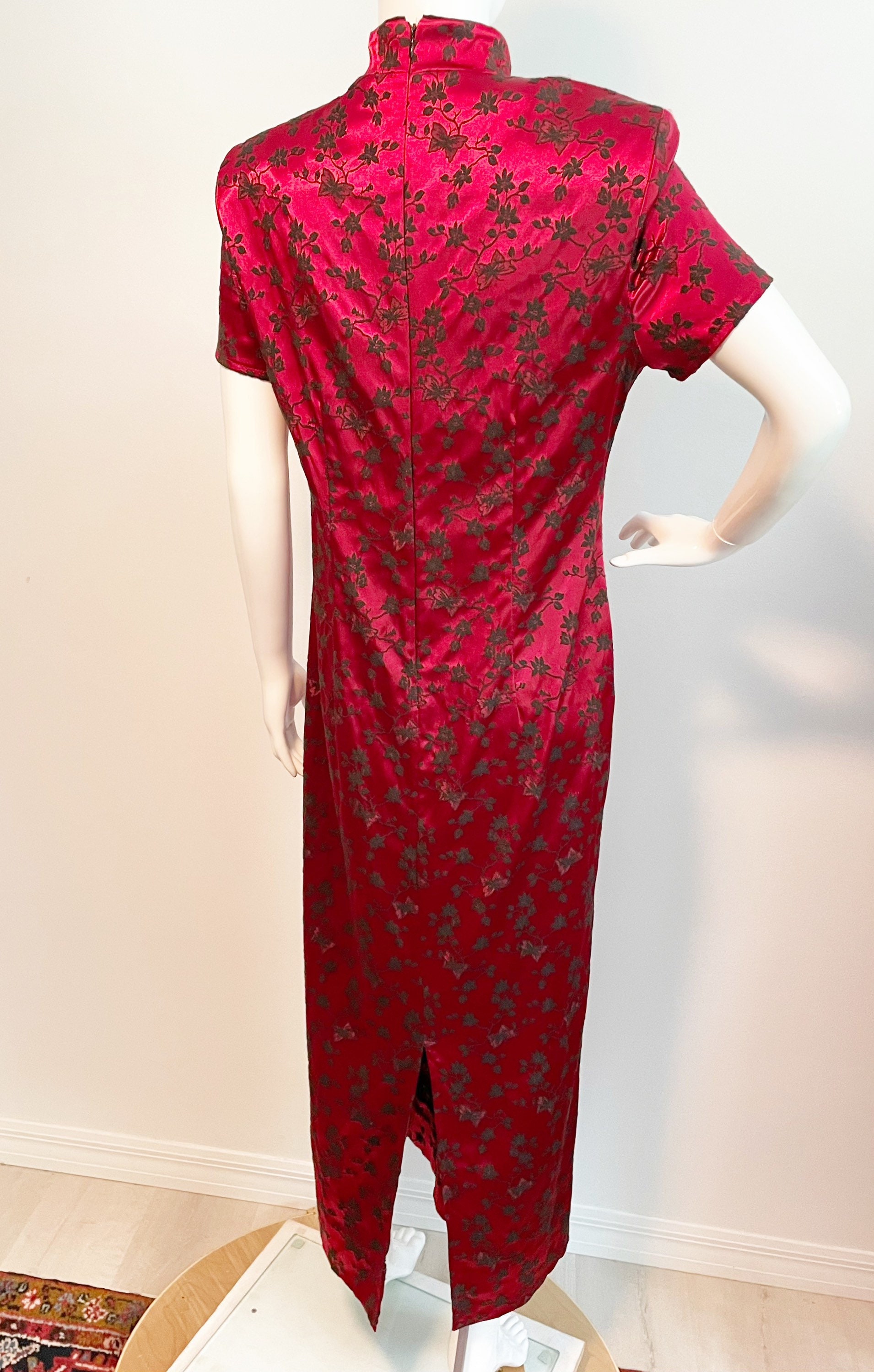 Vintage Cheongsam Red and Black Dress, Midi Dress, Floral and Butterfly ...
