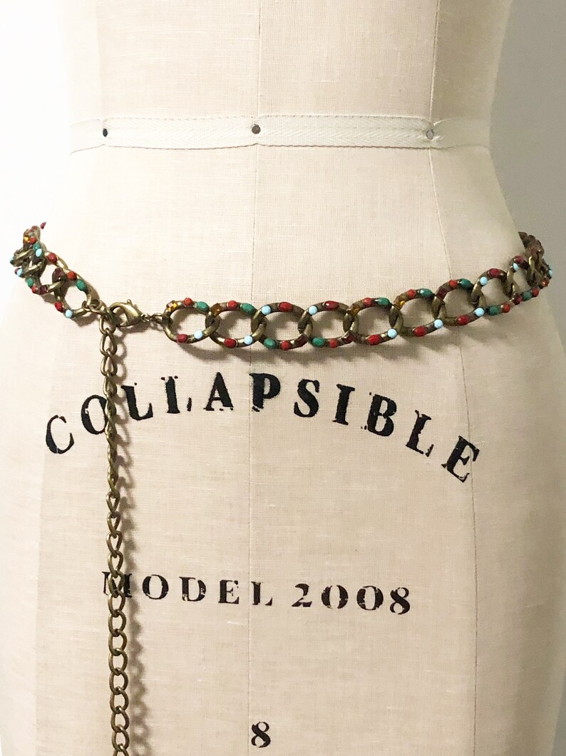 Vintage Antiqued Gold Tone Jeweled Chain Belt, Adjustable Belt ...