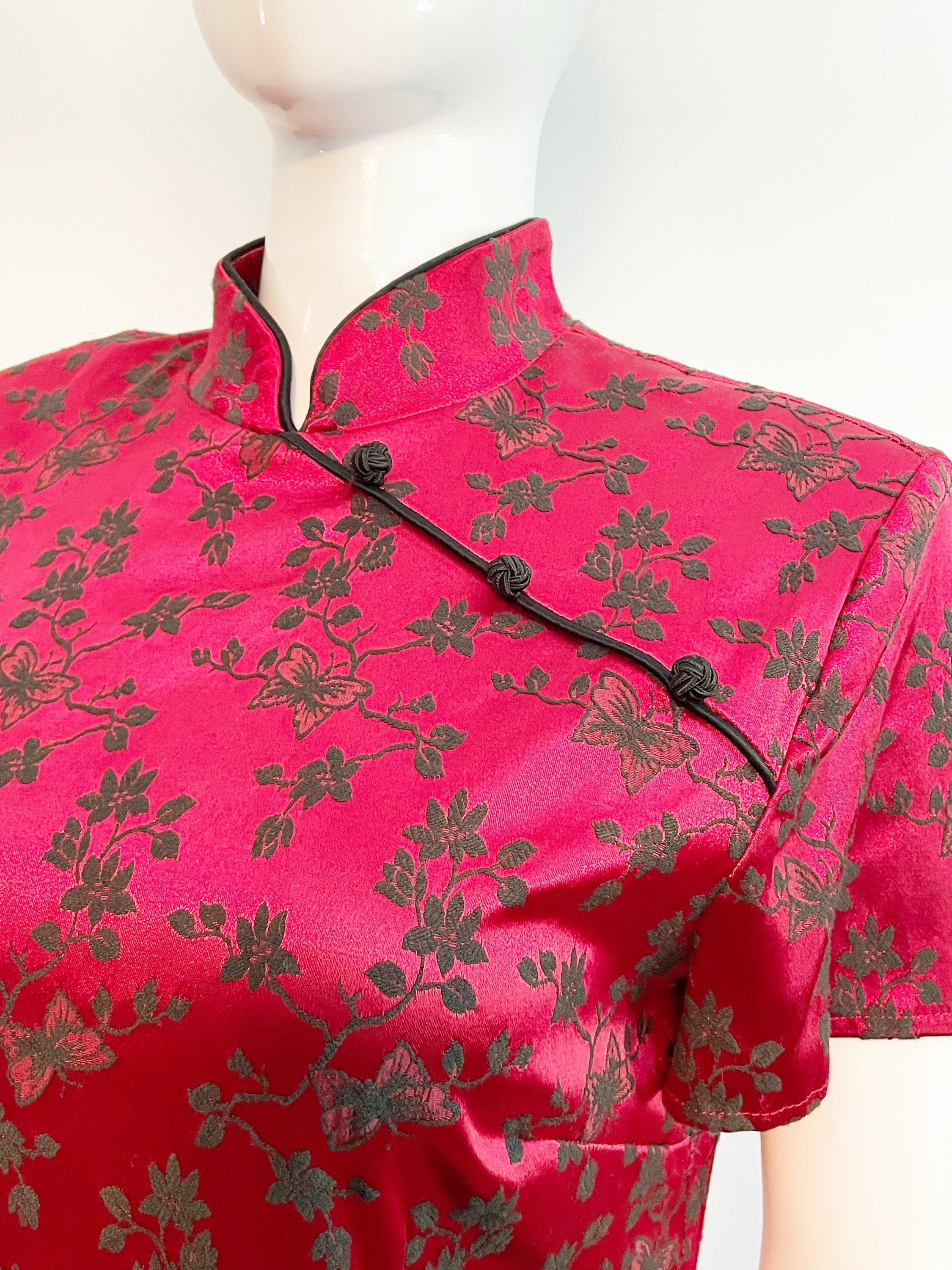 Vintage Cheongsam Red and Black Dress, Midi Dress, Floral and Butterfly ...