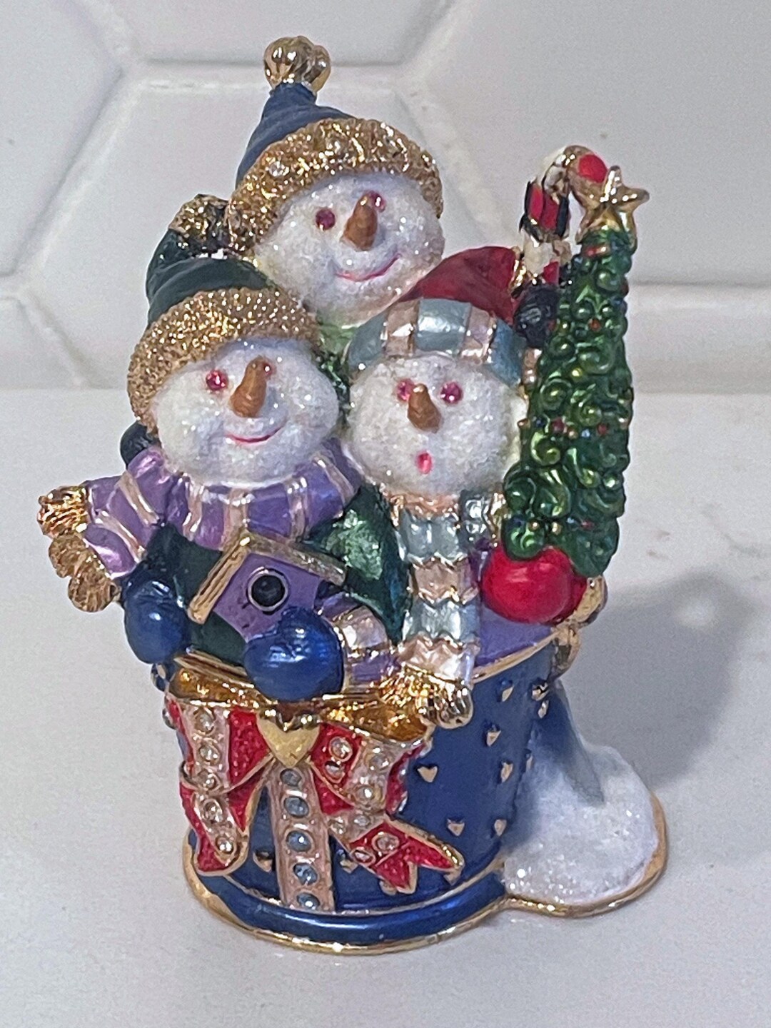 Vintage Hinged Metal Trinket Box, Snowmen Trinket Box, Jeweled Box ...
