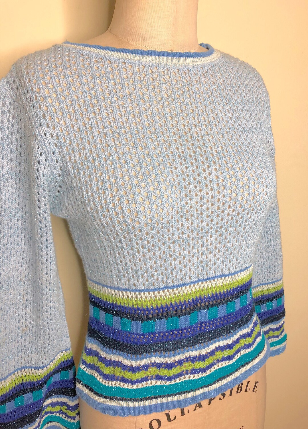 Vintage Cropped Sweater, Metallic Thread Sweater, Pullover, Bell Sleeve ...