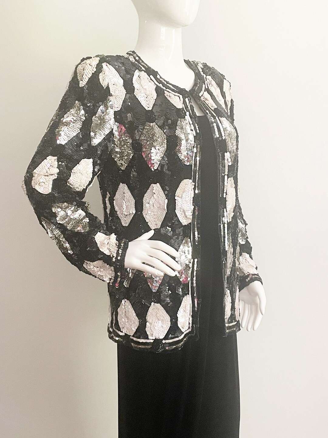 Vintage Sweelo Beaded Sequined Long Jacket, Silver Black White Sequin ...