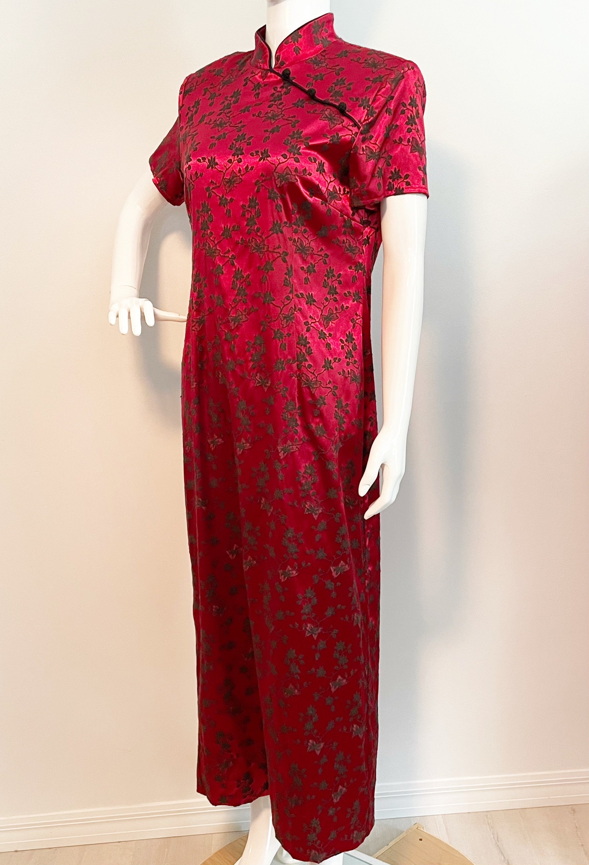 Vintage Cheongsam Red and Black Dress, Midi Dress, Floral and Butterfly ...